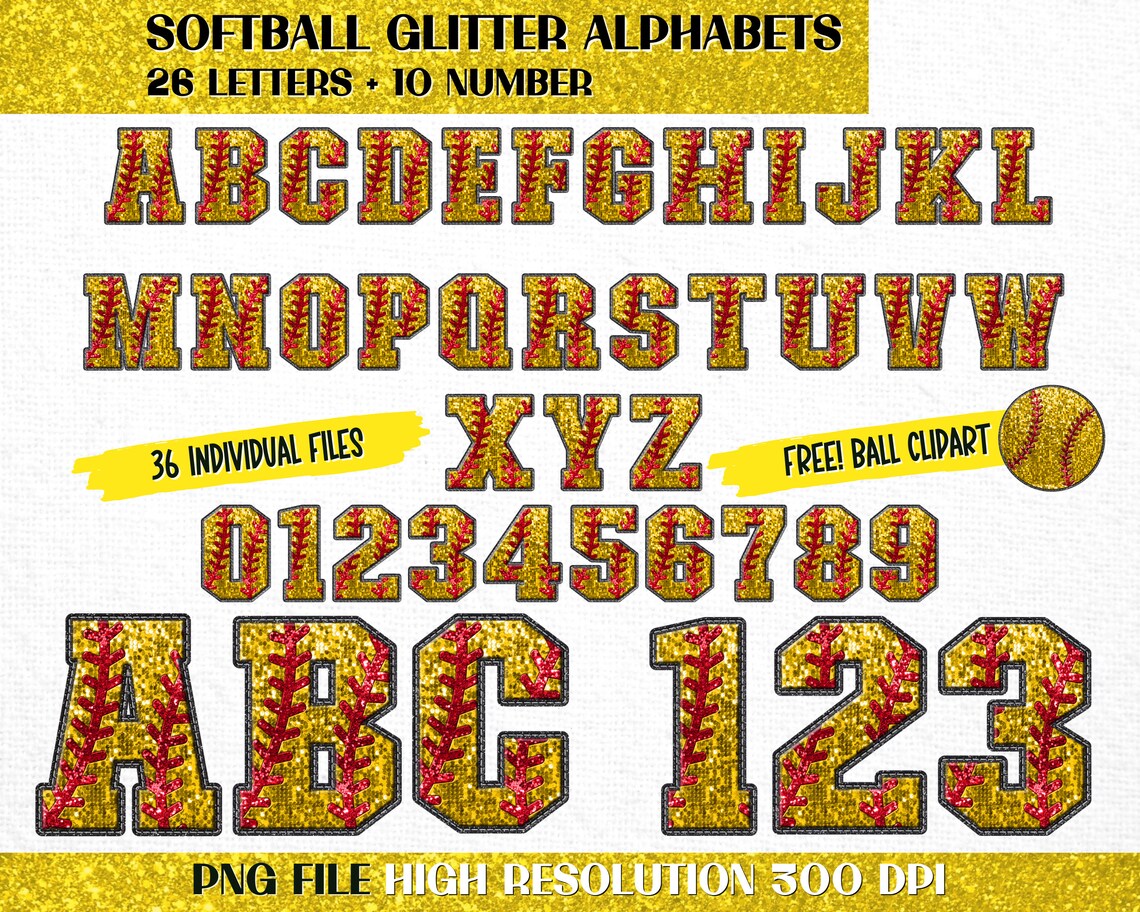 Softball Glitter PNG Alphabets, Faux Sequin Softball Letters, Softball ...