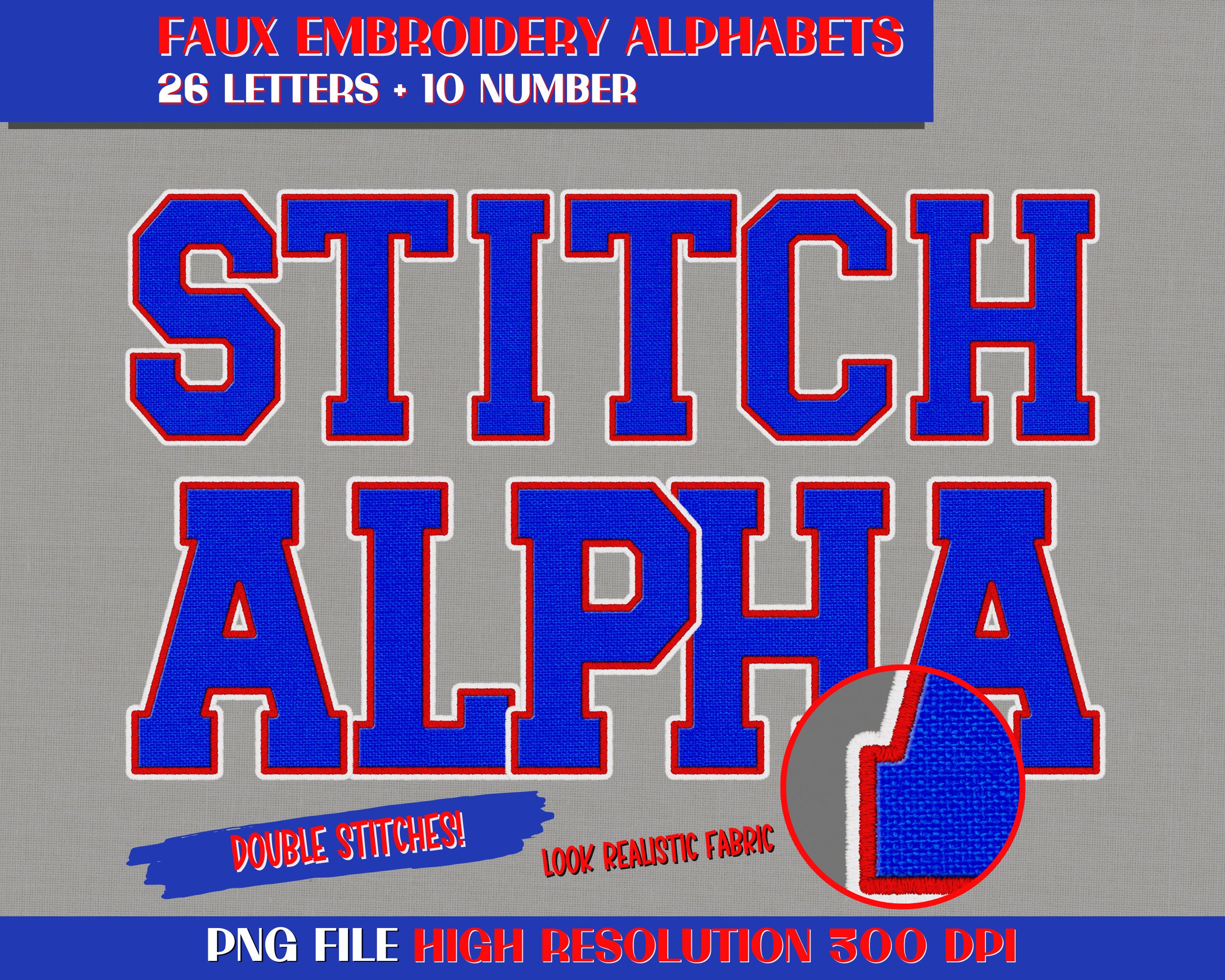 Faux Embroidery Alphabet PNG, Blue Red Faux Stitch Font PNG, Varsity ...