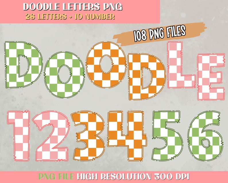 Checkered Doodle Alphabets PNG, Retro Doodle Letters, Sublimation ...