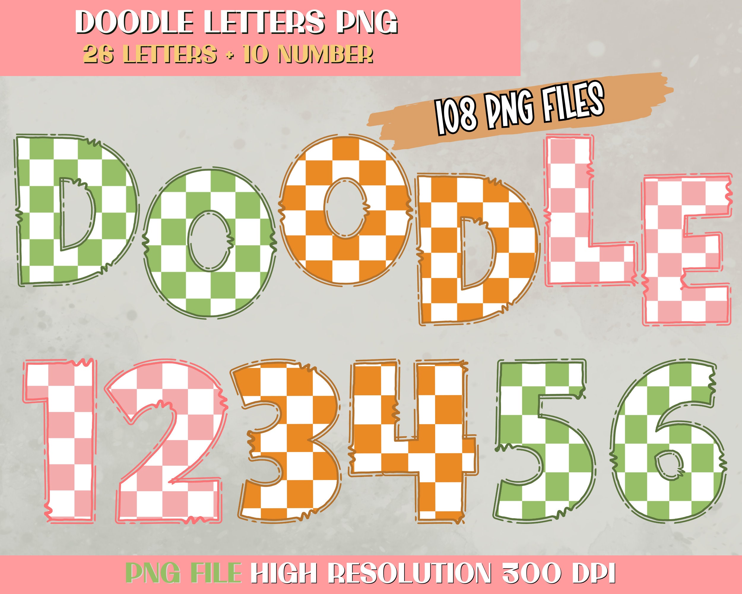 Checkered Doodle Alphabets PNG, Retro Doodle Letters, Sublimation ...