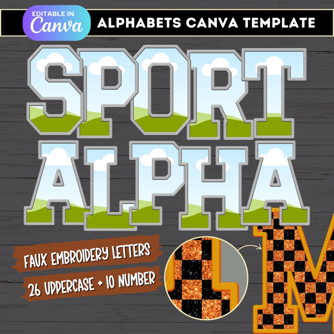 Faux Embroidery Sport Letters Canva Template, Varsity Alphabet Frame ...