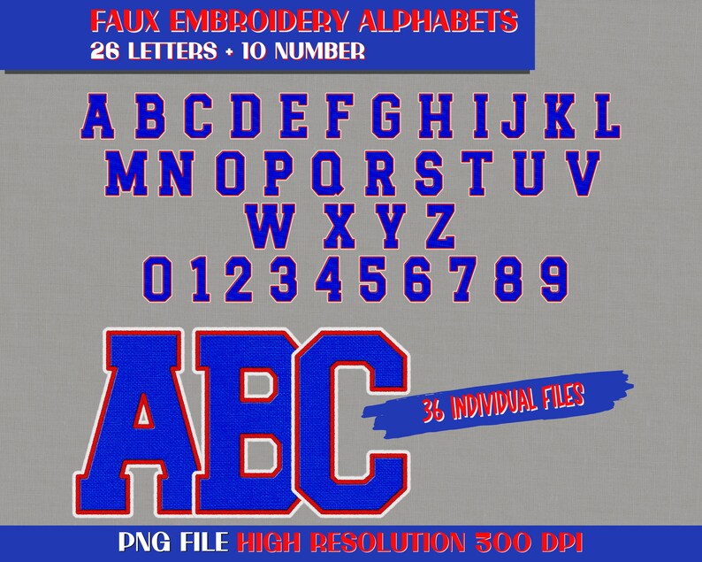 Faux Embroidery Alphabet PNG, Blue Red Faux Stitch Font PNG, Varsity ...