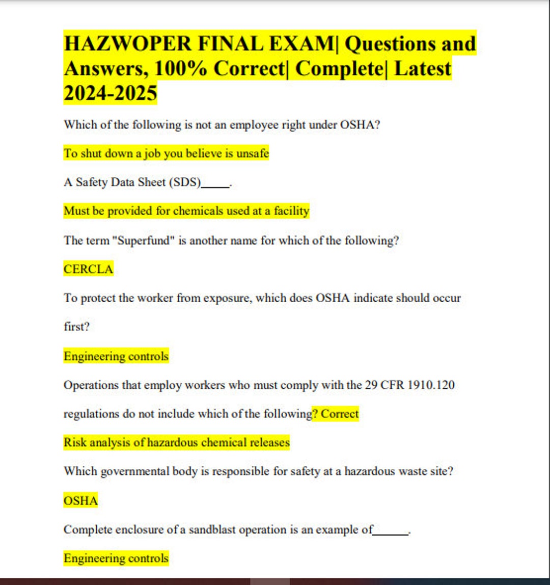 HAZWOPER FINAL EXAM| Questions and Answers, 100% Correct| Complete ...