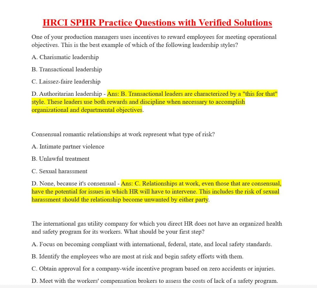 HRCI SPHR Practice Exam 200+ Questions With Verified Solutions - Etsy