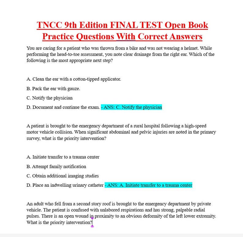 TNCC 9th Edition Open Book Exam Practice Questions With Correct Answers ...