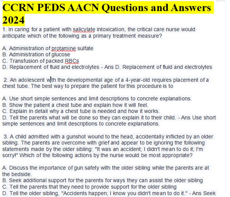 CCRN PEDS AACN Questions and Answers 2024 - Etsy