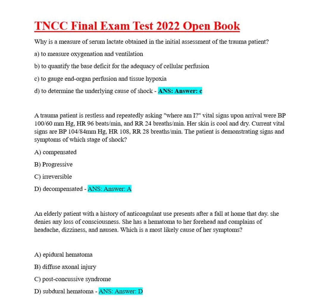 TNCC Final Exam Test 2022 Open Book [solved 100% Correct Answers] - Etsy