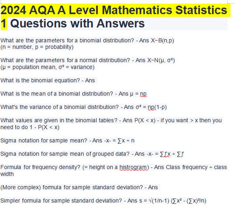 AQA A-level Mathematics Paper 1 Questions and Answers 2024 - Etsy
