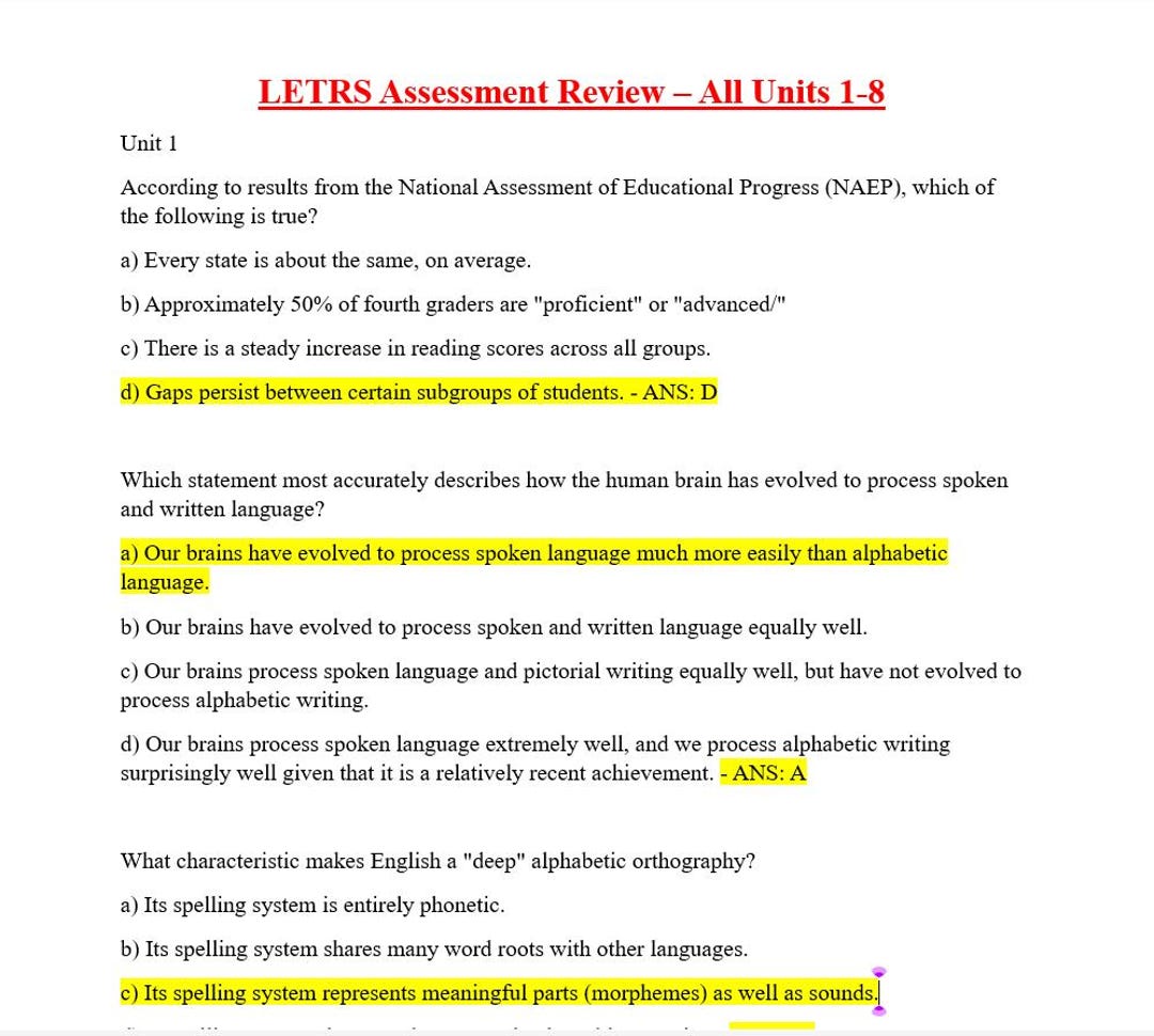 LETRS Assessment Review – All Units 1-8 With 100% Correct Answers - Etsy
