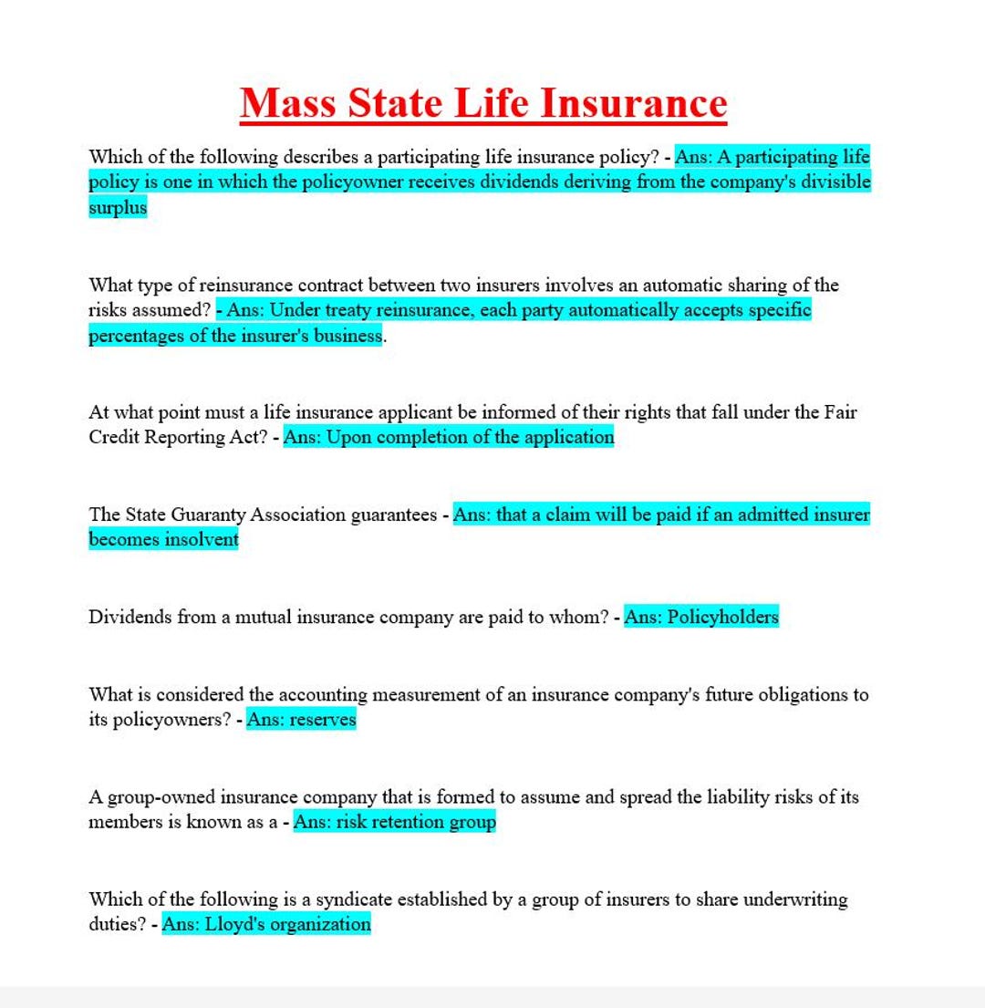 Mass State Life Insurance Study Guide (what You Need to Know) Questions ...