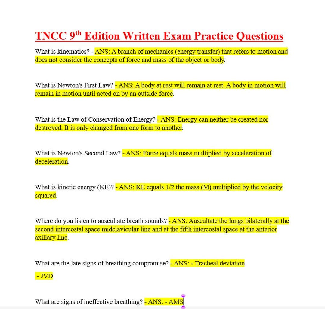TNCC 9th Edition Written Exam Practice Questions With 100% Correct ...