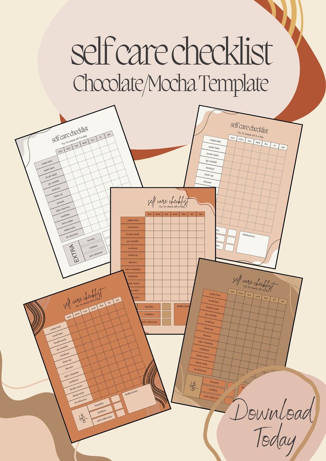 Self Care Weekly Template| Chocolate Mocha Templates With White & Black ...