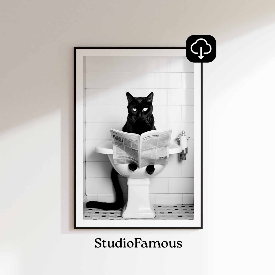 Animal Bathroom Poster, Funny Bathroom Wall Art, Black Cat Poster Art ...