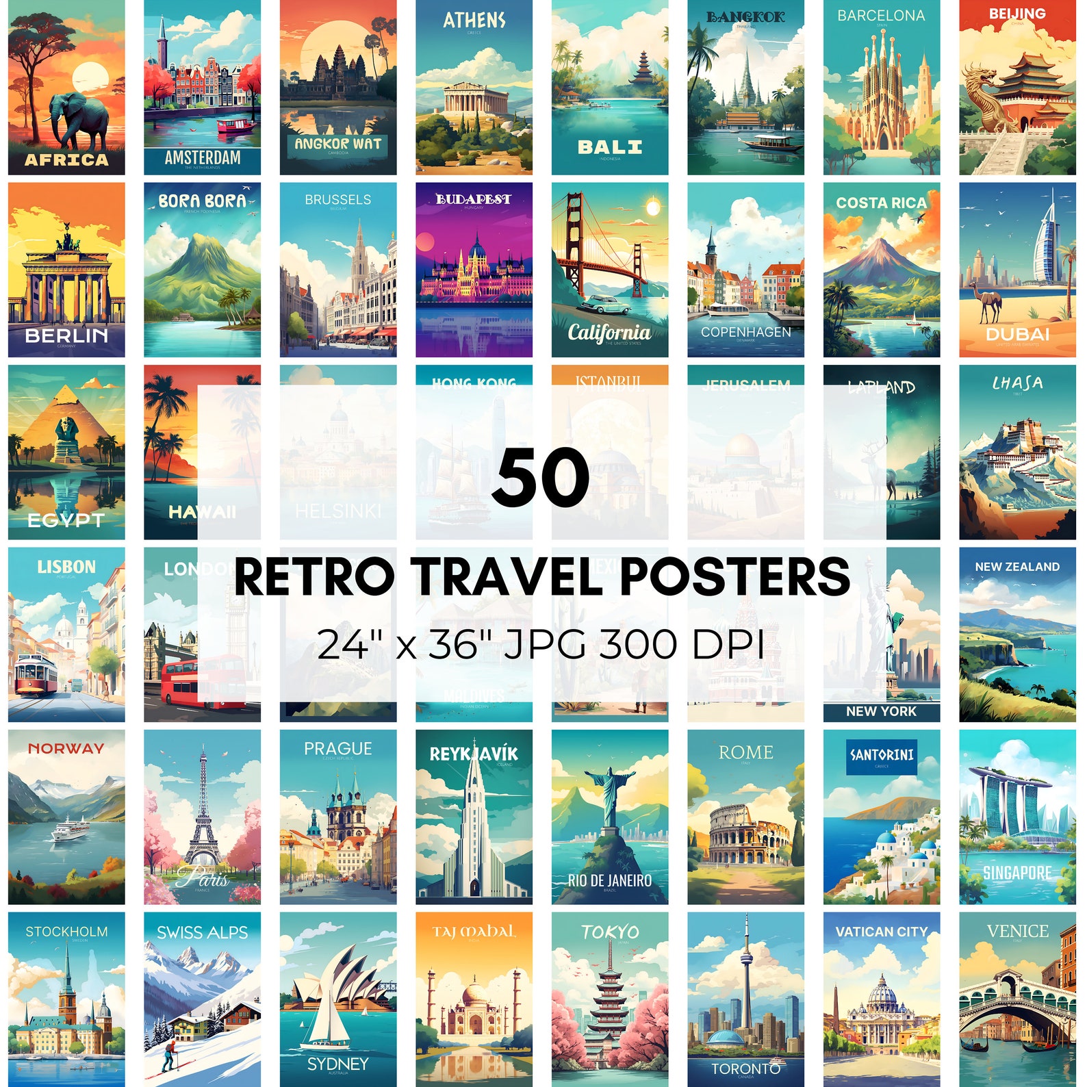 50pcs Retro Travel Poster, Retro Aesthetic, Vintage Travel Wall Art ...