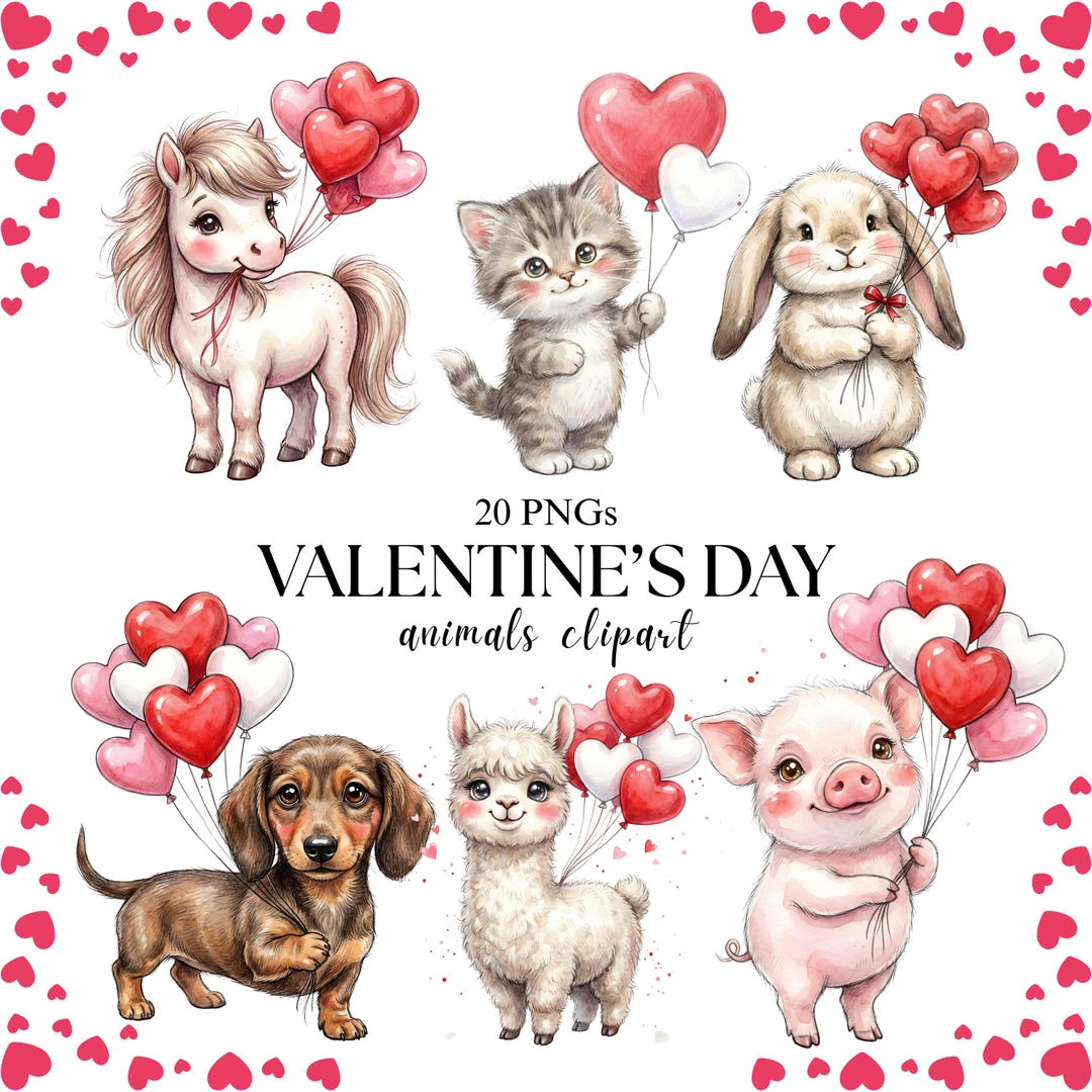 20 Cute Valentine's Day Animals Clipart Bundle - Watercolor Pngs - Etsy
