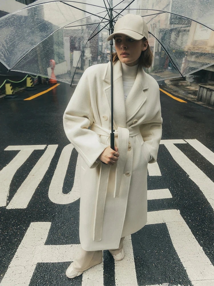 Elegant White Women's Long Coat With Belt Solid Color, Long Sleeves ...
