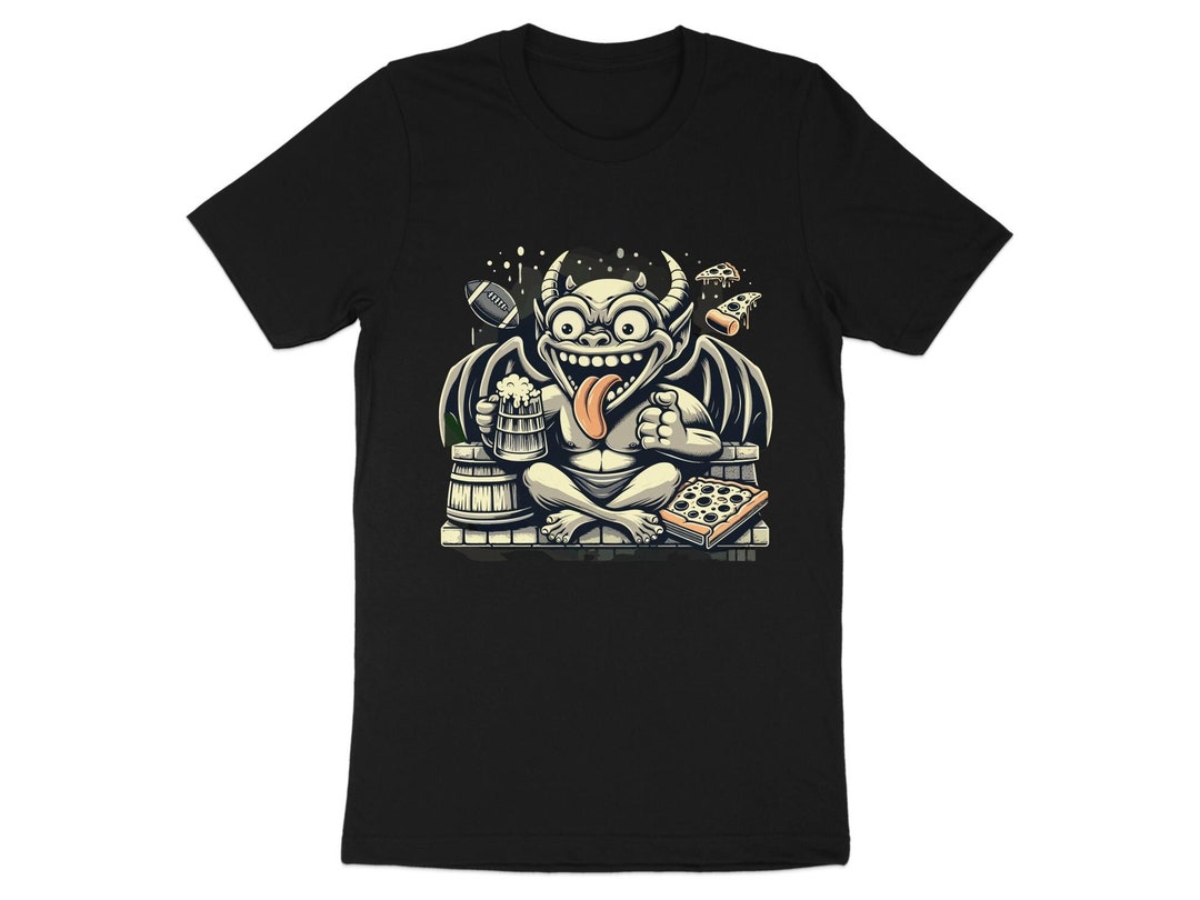 Gothic Gargoyle Fun Football Ready Tee, Quirky Gargoyle Tee With Pizza ...