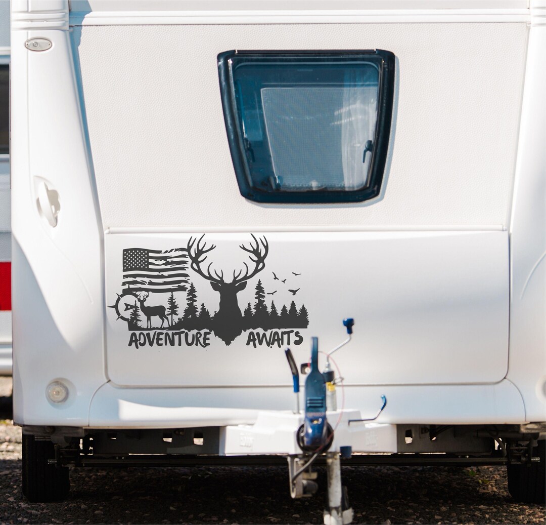 Adventure Awaits Camper RV Decal,american Flag Whitetail Deer, Forest ...