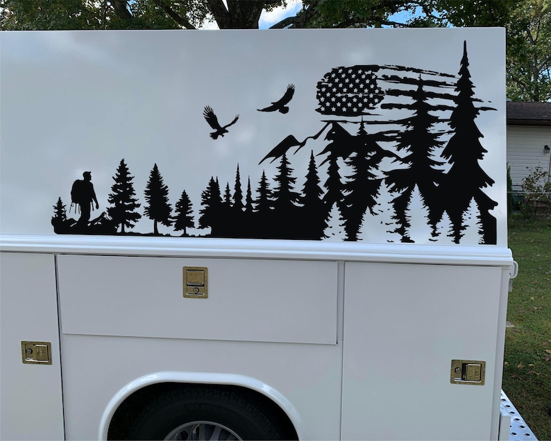 Camper RV Decals Graphics, American Flag Forest Sticker, Hiking Travel ...