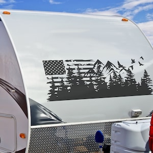 American Flag Mountain Scene RV Decal, Adventure Awaits Vinyl Graphic ...