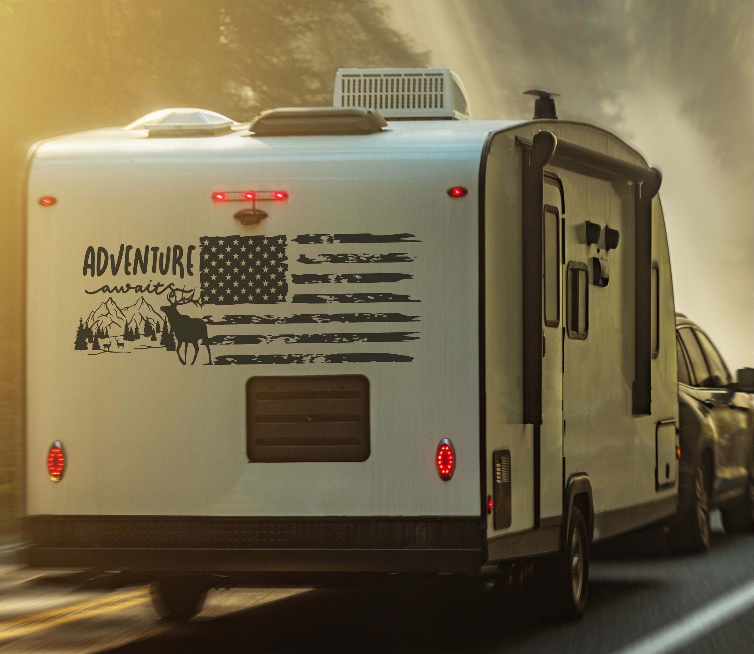 Camper RV Decal American Flag Compass Vinyl Graphics, Elk Adventure ...