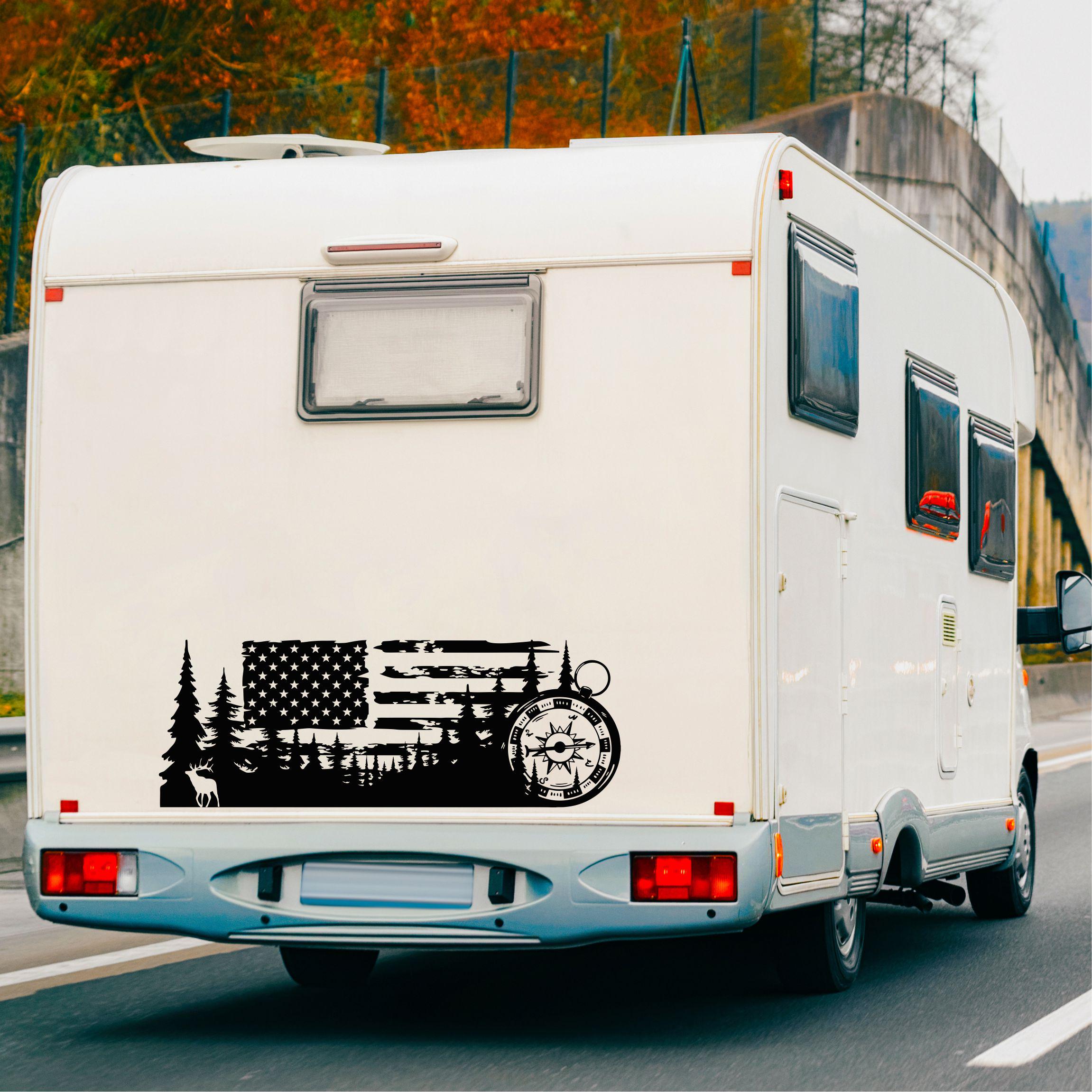 Camper RV Decal Whitetail Deer Compass Graphics, American Flag Forest ...