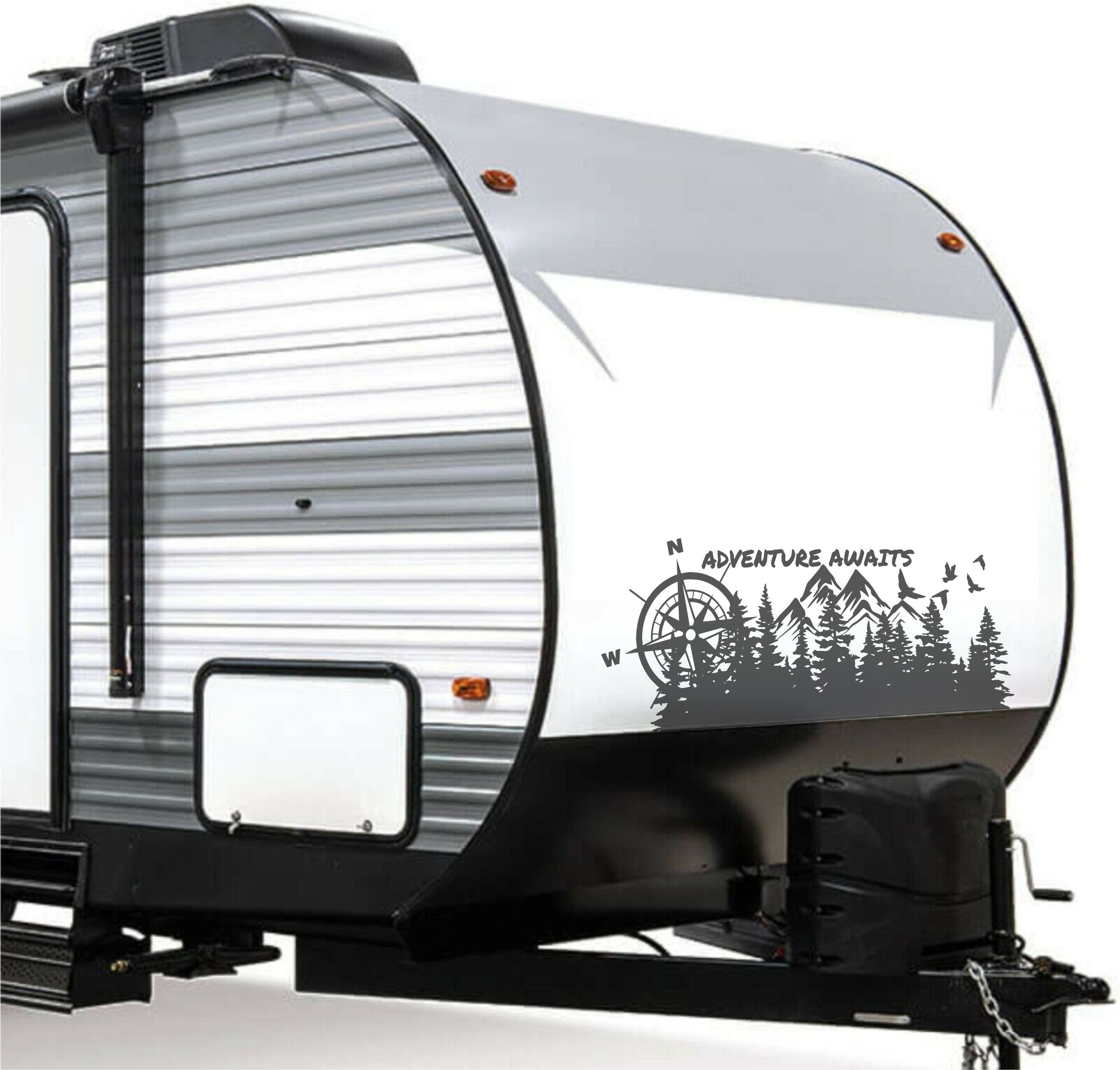 Camper RV Decal Compass Forest Vinyl Graphics, Adventure Awaits Sticker ...