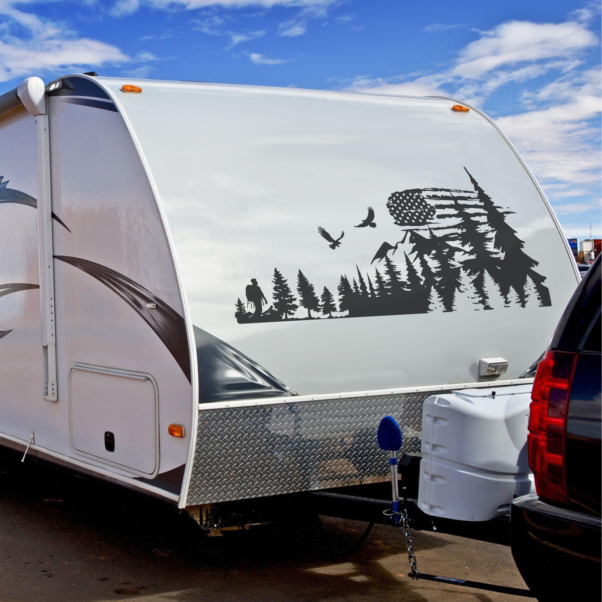 Camper RV Decals Graphics, American Flag Forest Sticker, Hiking Travel ...