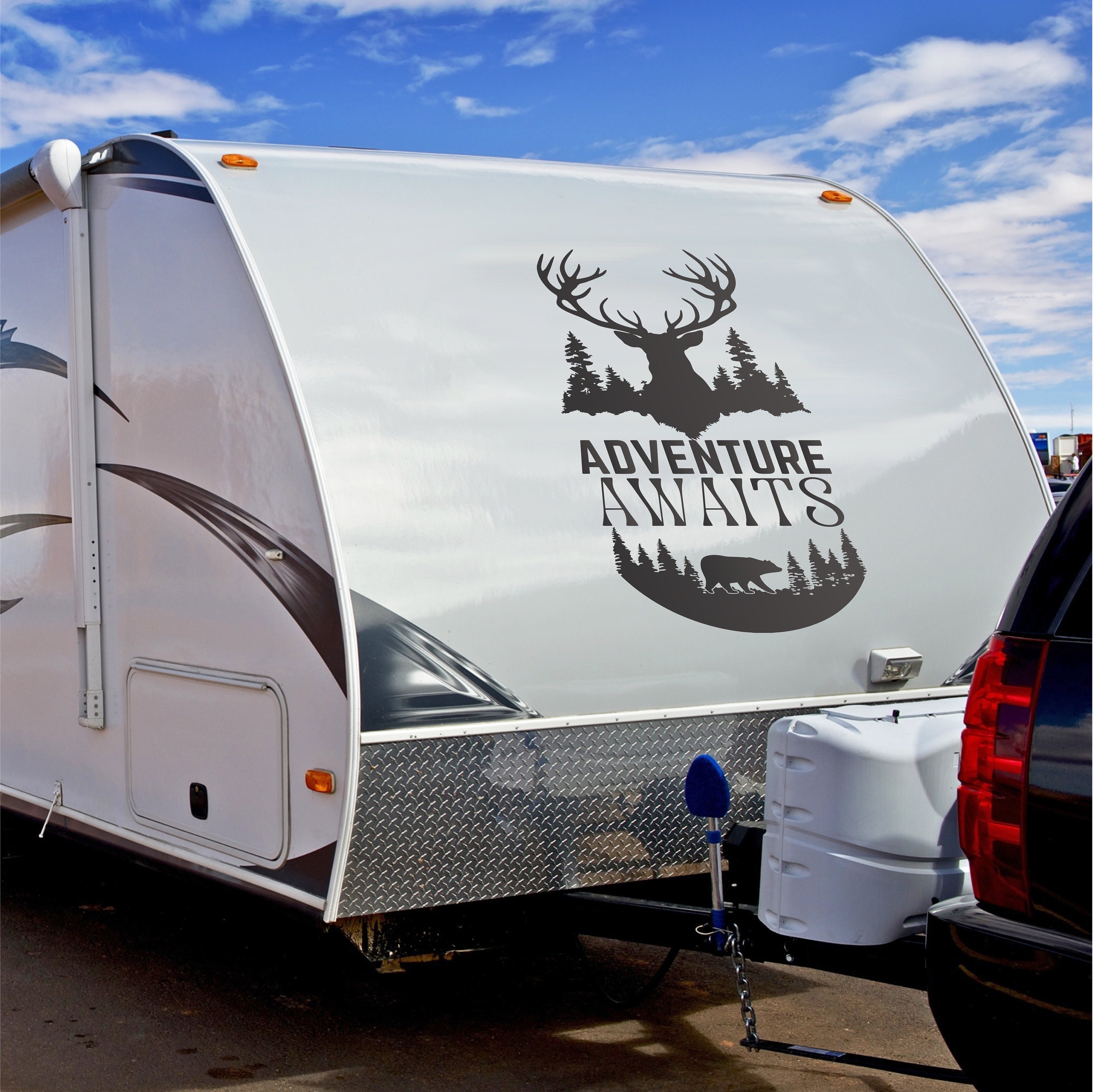 Adventure Awaits Camper RV Decal. Whitetail Deer, Forest Sticker, Bear ...