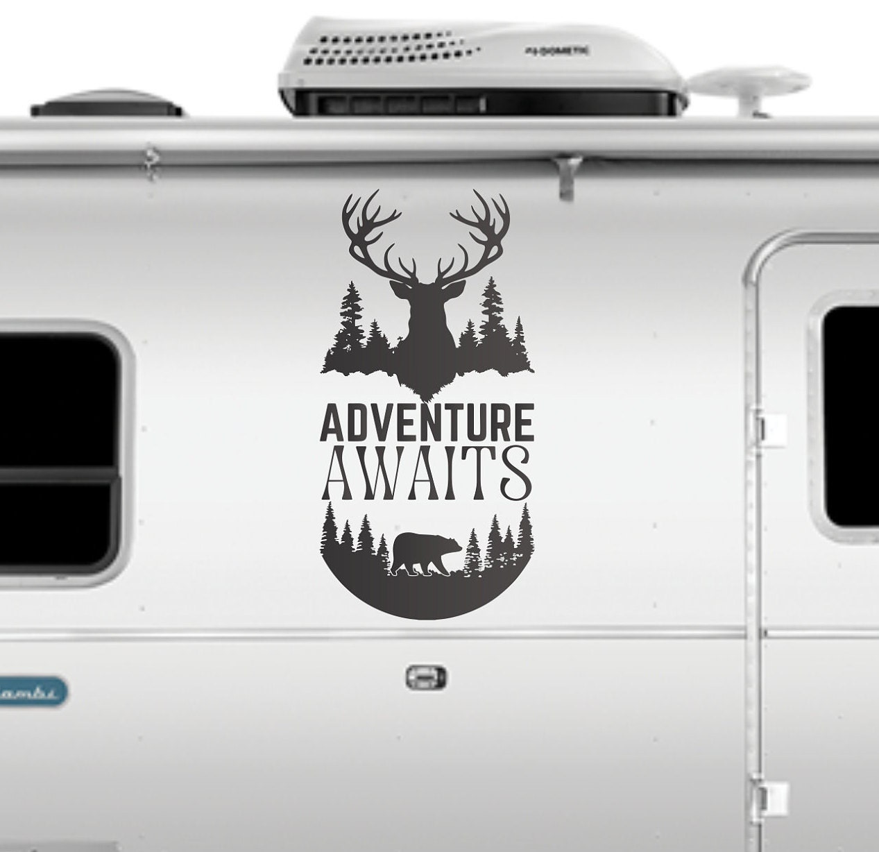 Adventure Awaits Camper RV Decal. Whitetail Deer, Forest Sticker, Bear ...