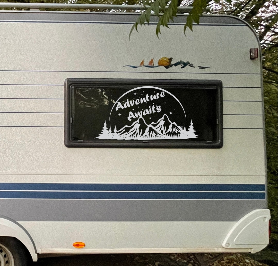 Adventure Awaits Camper RV Decal / Sticker, Travel Sign Mountains ...
