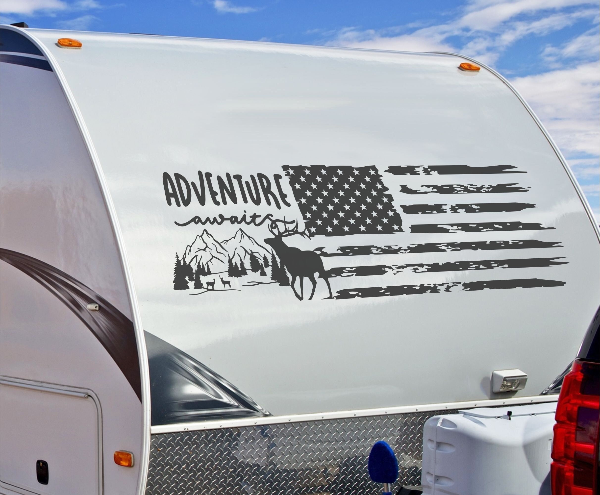 Camper RV Decal American Flag Compass Vinyl Graphics, Elk Adventure ...