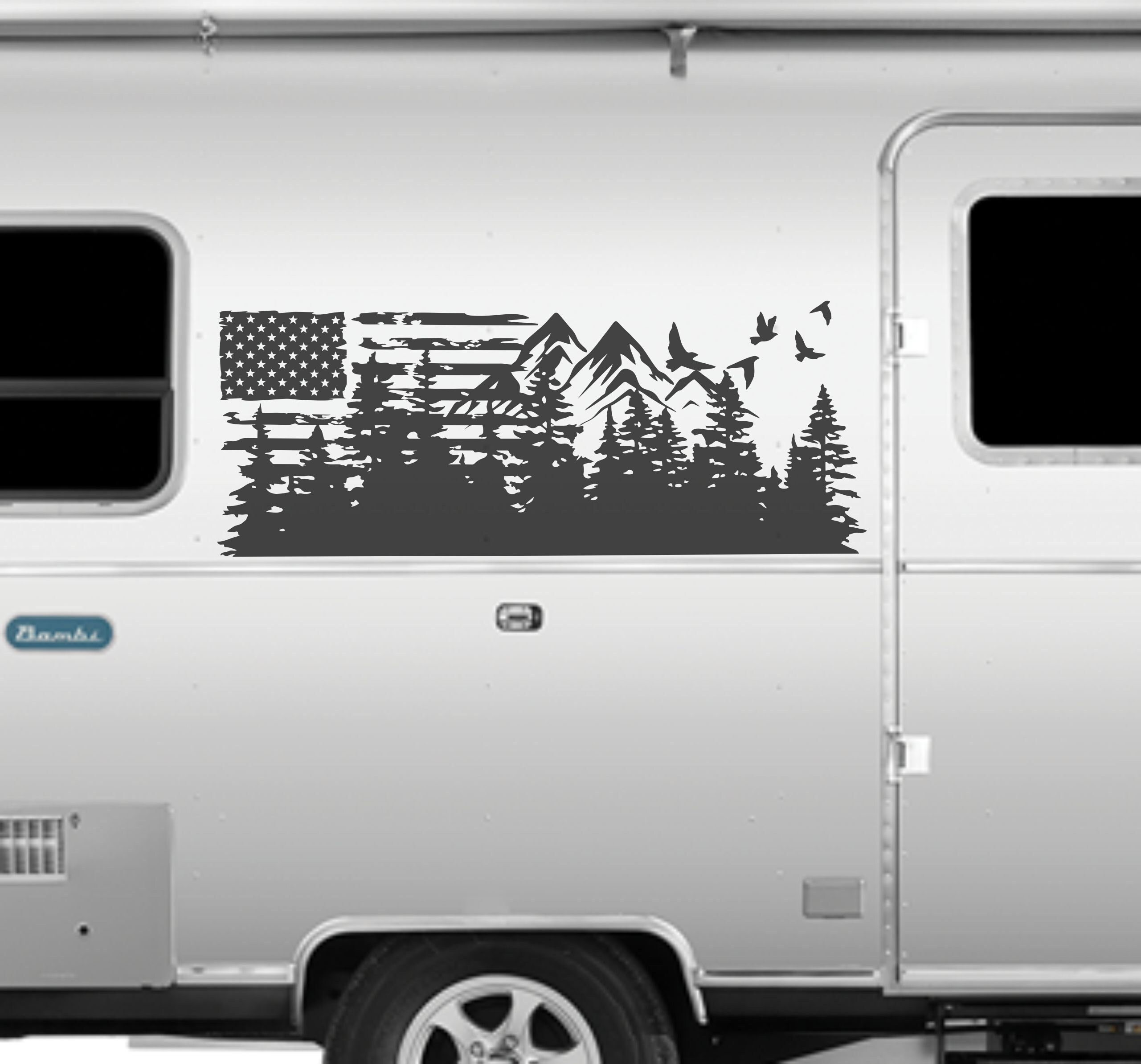 Camper RV Decal American Flag Vinyl Graphics, Adventure Awaits Sticker ...