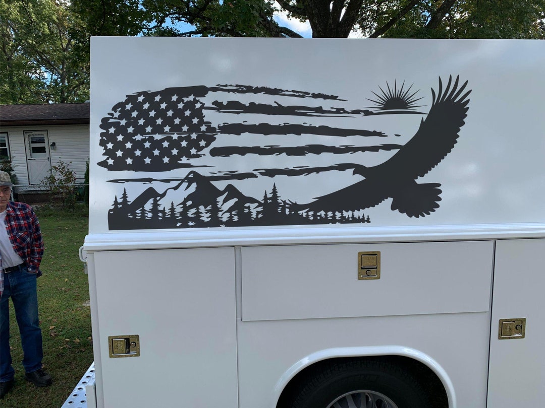 Camper RV Decal American Flag Vinyl Graphics, Adventure Awaits Sticker ...