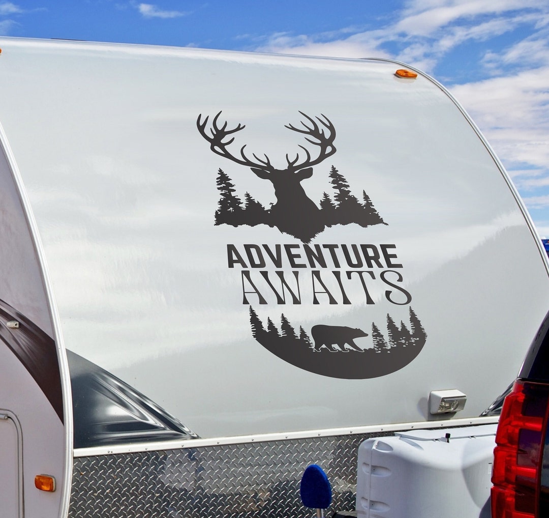 Adventure Awaits Camper RV Decal. Whitetail Deer, Forest Sticker, Bear ...