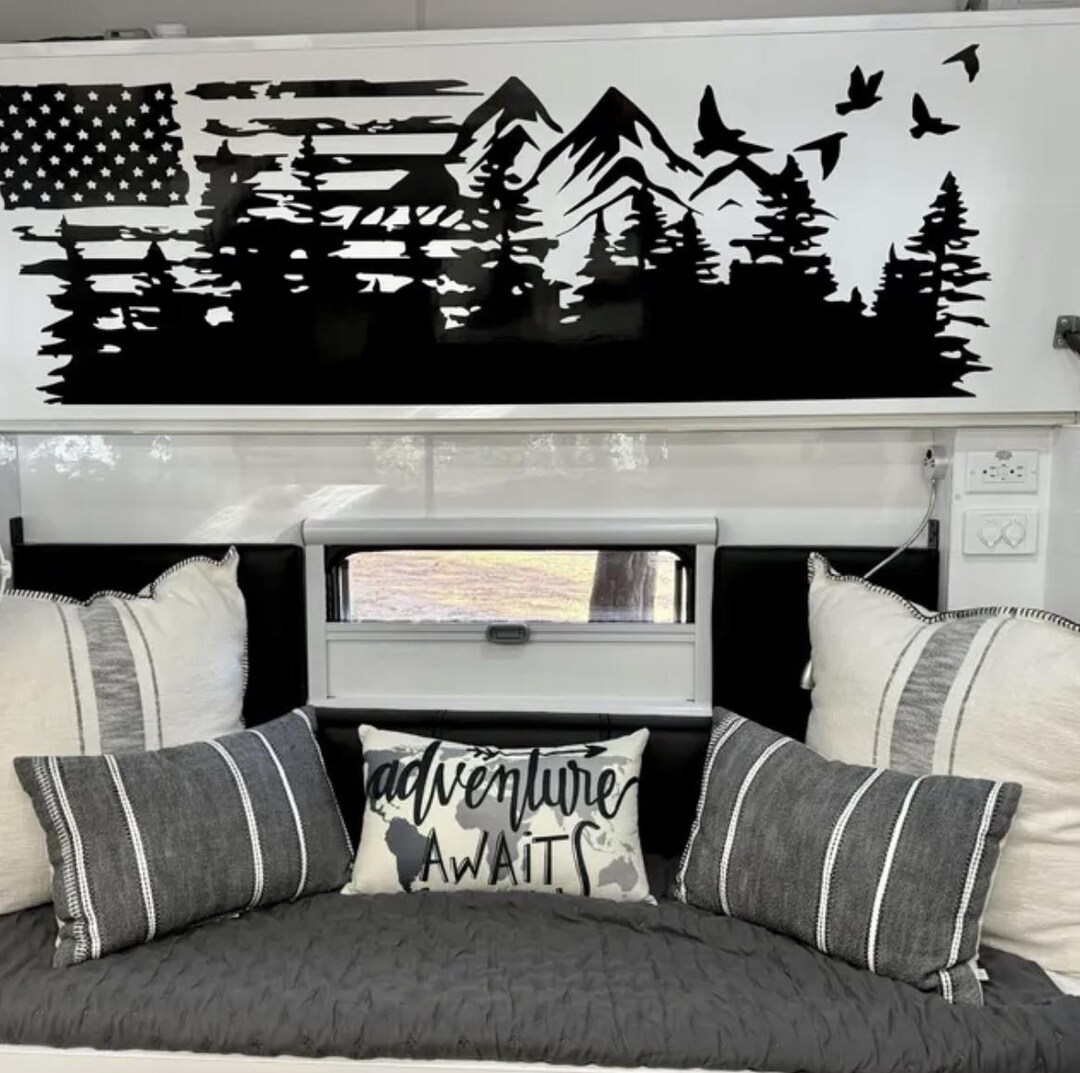 Camper RV Decal American Flag Vinyl Graphics, Adventure Awaits Sticker ...