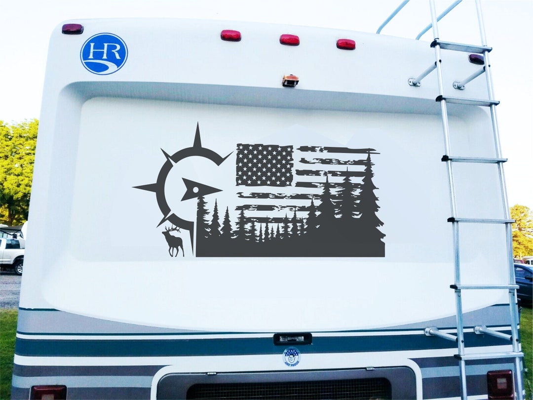 Camper RV Decal American Flag Compass Vinyl Graphics, Elk Adventure ...