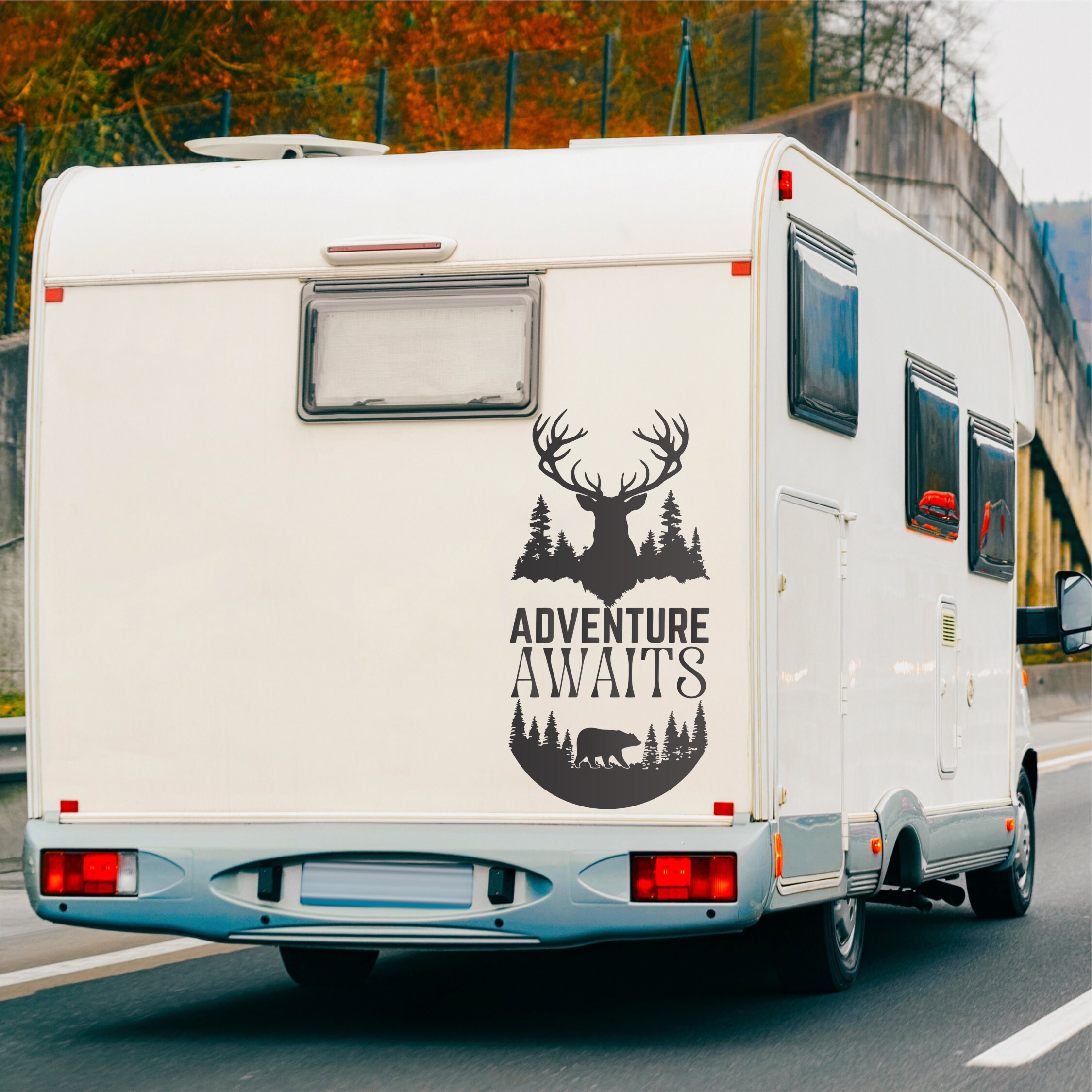 Adventure Awaits Camper RV Decal. Whitetail Deer, Forest Sticker, Bear ...