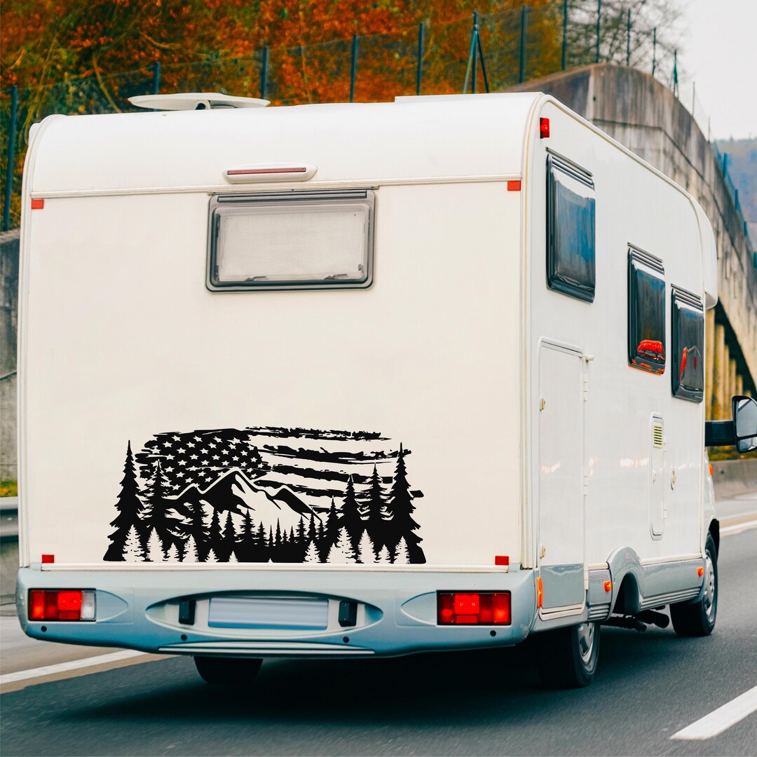 Camper RV Decal American Flag Vinyl Graphics, Adventure Awaits Sticker ...