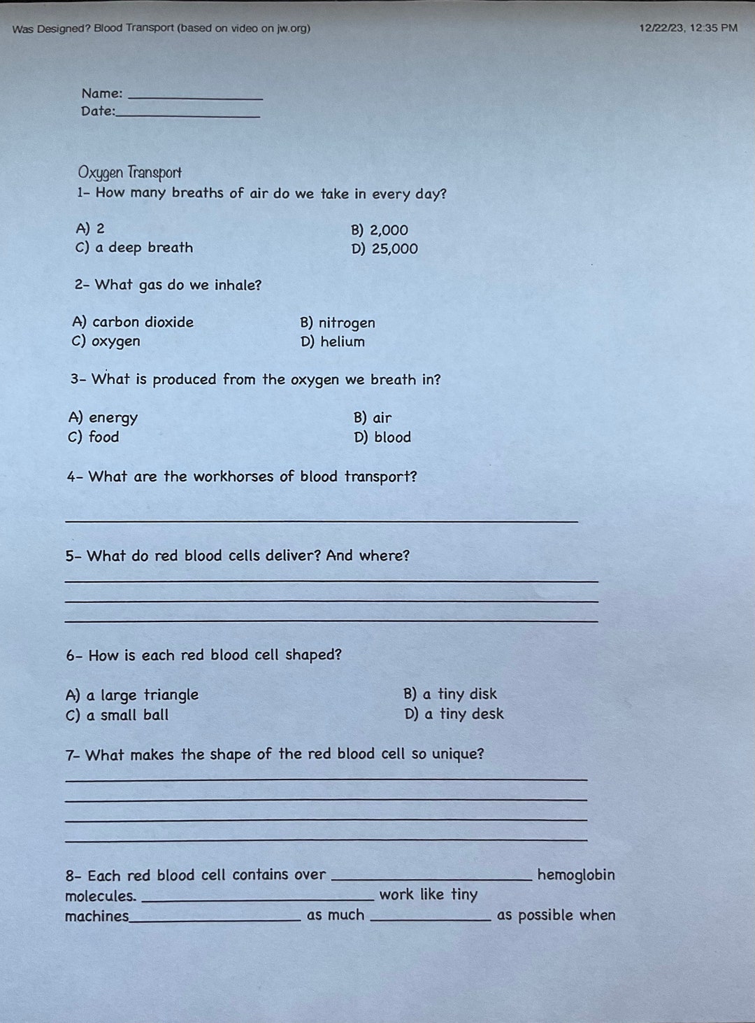 Oxygen Transport Worksheet - Etsy