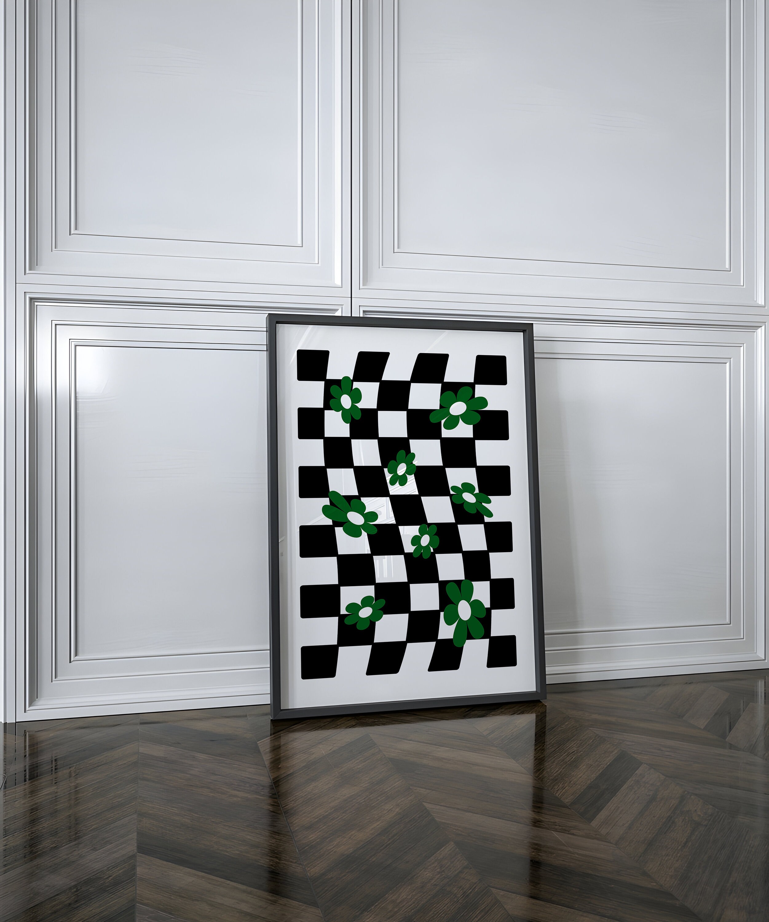Checkered With Flowers Wall Art Trendy Digital Prints Groovy Poster ...