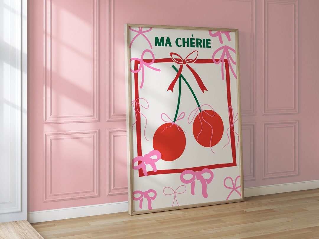 Vintage Ma Cherie Poster, Cherry Bow Wall Art, Hand Drawn Wall Art ...