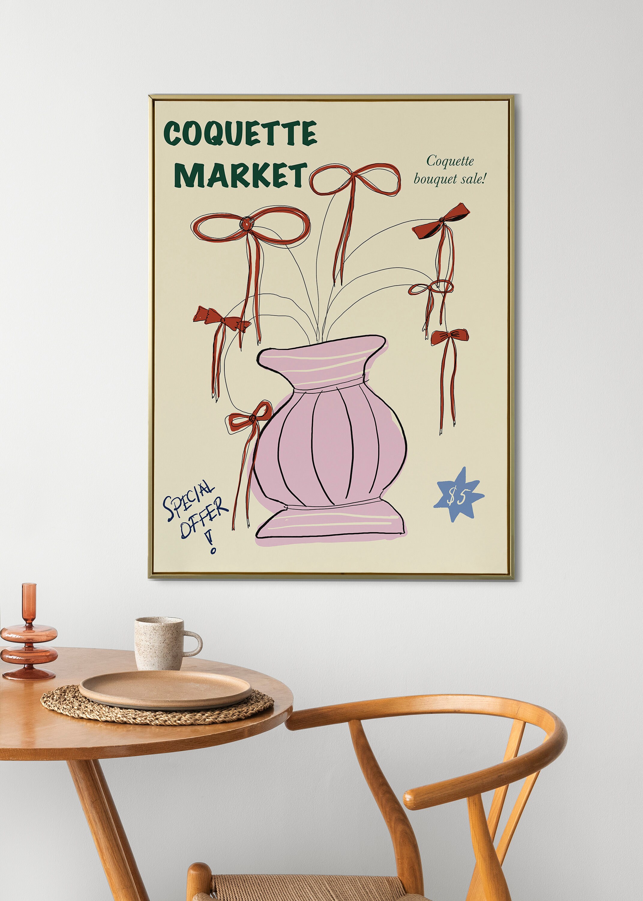 Coquette Bouquet BOW PRINT, Girly Aesthetic Poster, Vintage Hand Drawn ...