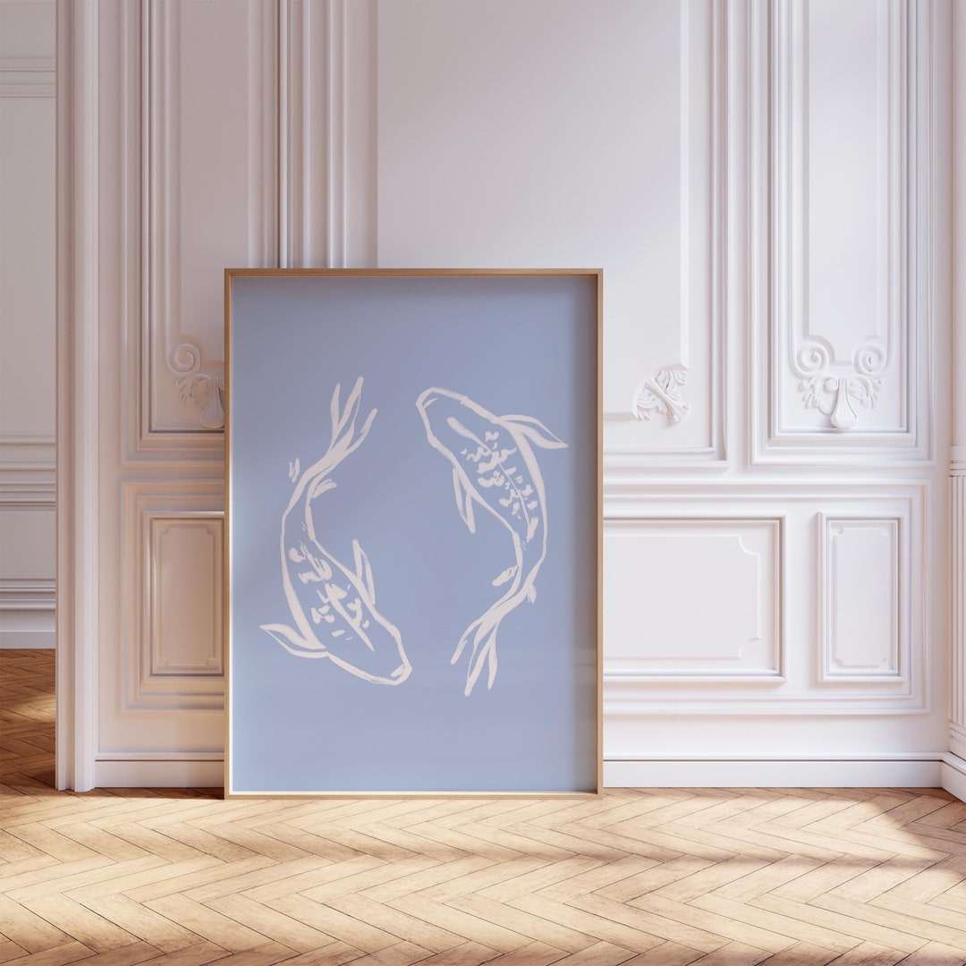 BLUE Koi Print, Japanese Print, Zen Decor, Fish Illustration, Trendy Wall Art, Aesthetic Wall ...