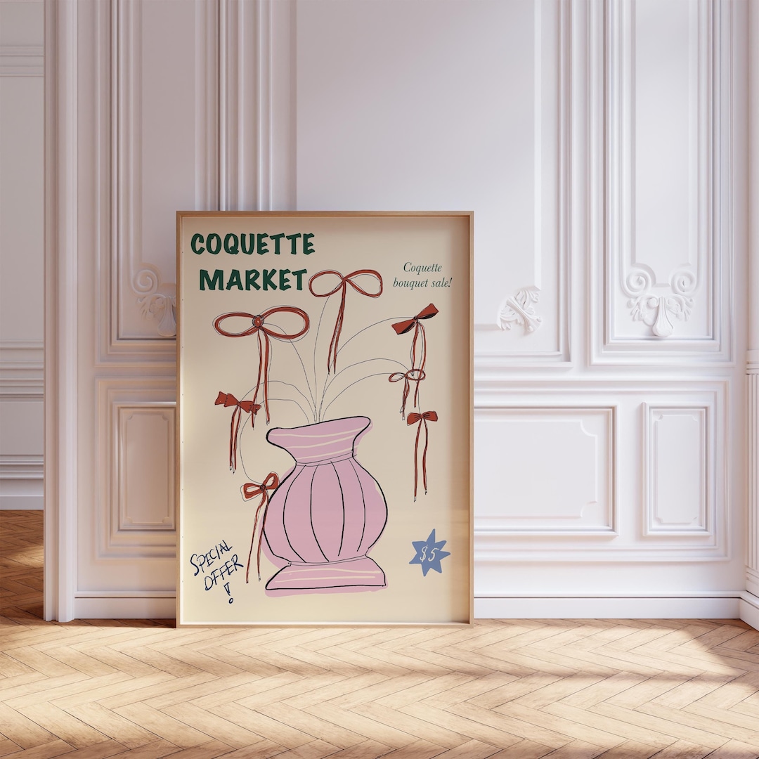 Coquette Bouquet BOW PRINT, Girly Aesthetic Poster, Vintage Hand Drawn ...