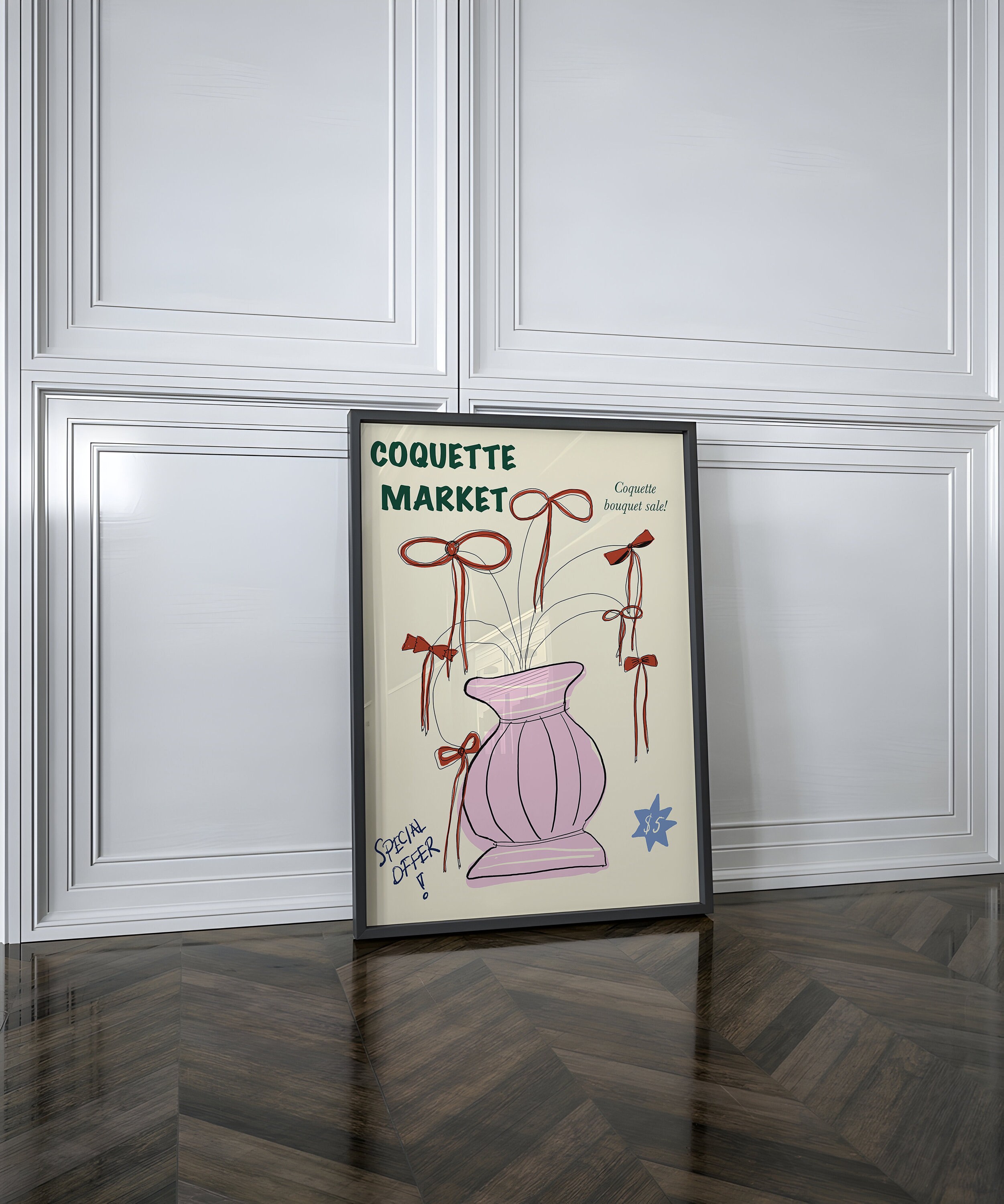 Coquette Bouquet BOW PRINT, Girly Aesthetic Poster, Vintage Hand Drawn ...