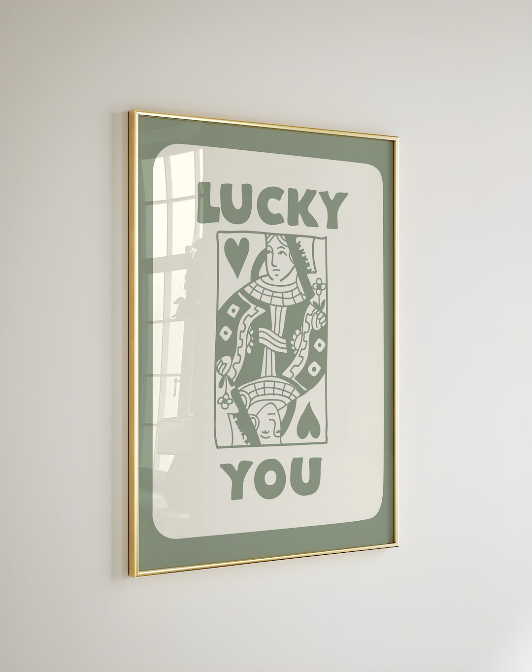 Lucky You Queen of Hearts Print: Green Retro Poker Wall Art (digital ...