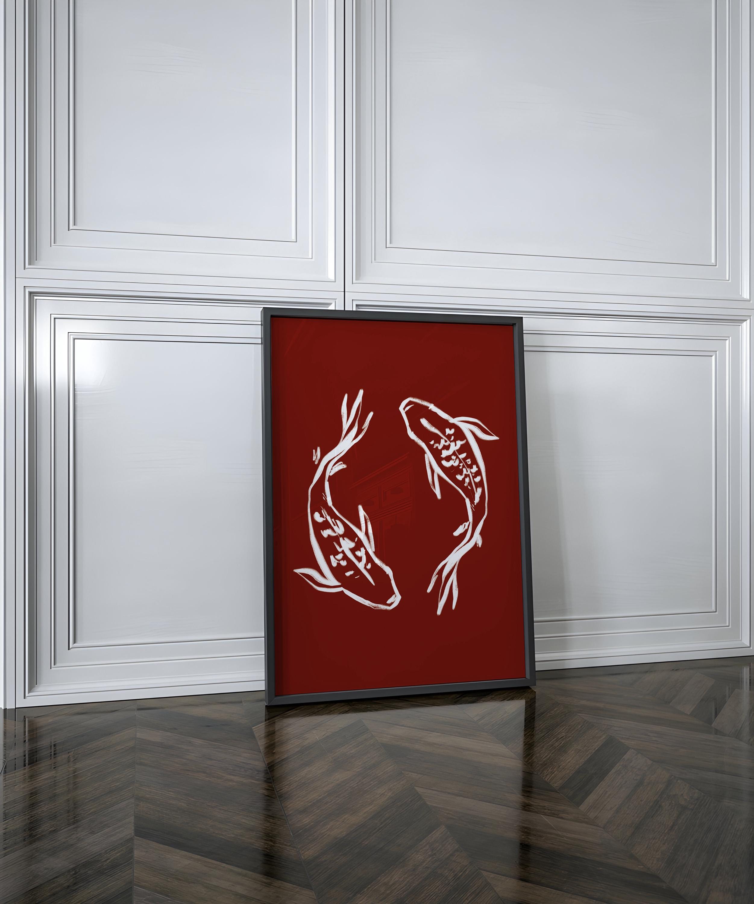 Red Koi Print, Japanese Print, Zen Decor, Fish Illustration, Trendy Wall Art, Aesthetic Wall Art ...