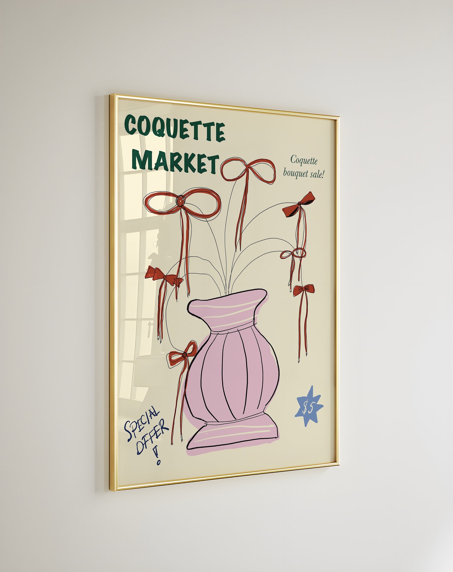 Coquette Bouquet BOW PRINT, Girly Aesthetic Poster, Vintage Hand Drawn ...