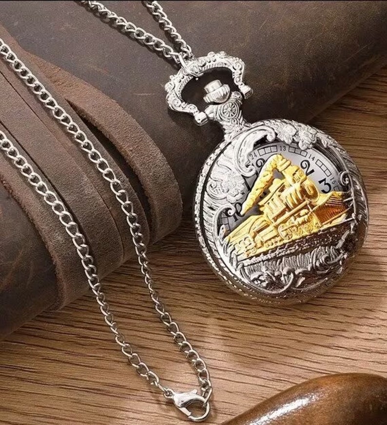 Antique Steam Train Design Pocket Watch Gold and Silver Engraved With ...